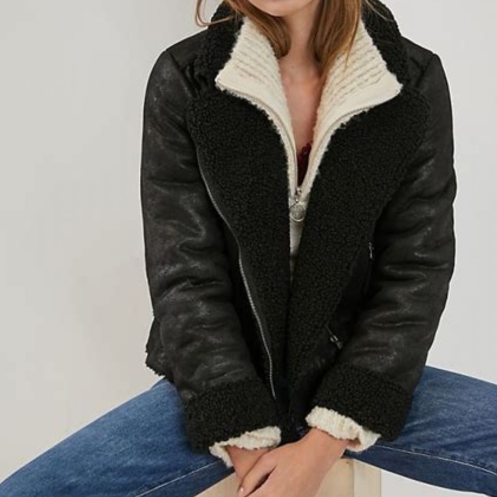 Marrakech Sherpa-Trimmed Faux Leather Moto Jacket - Gem